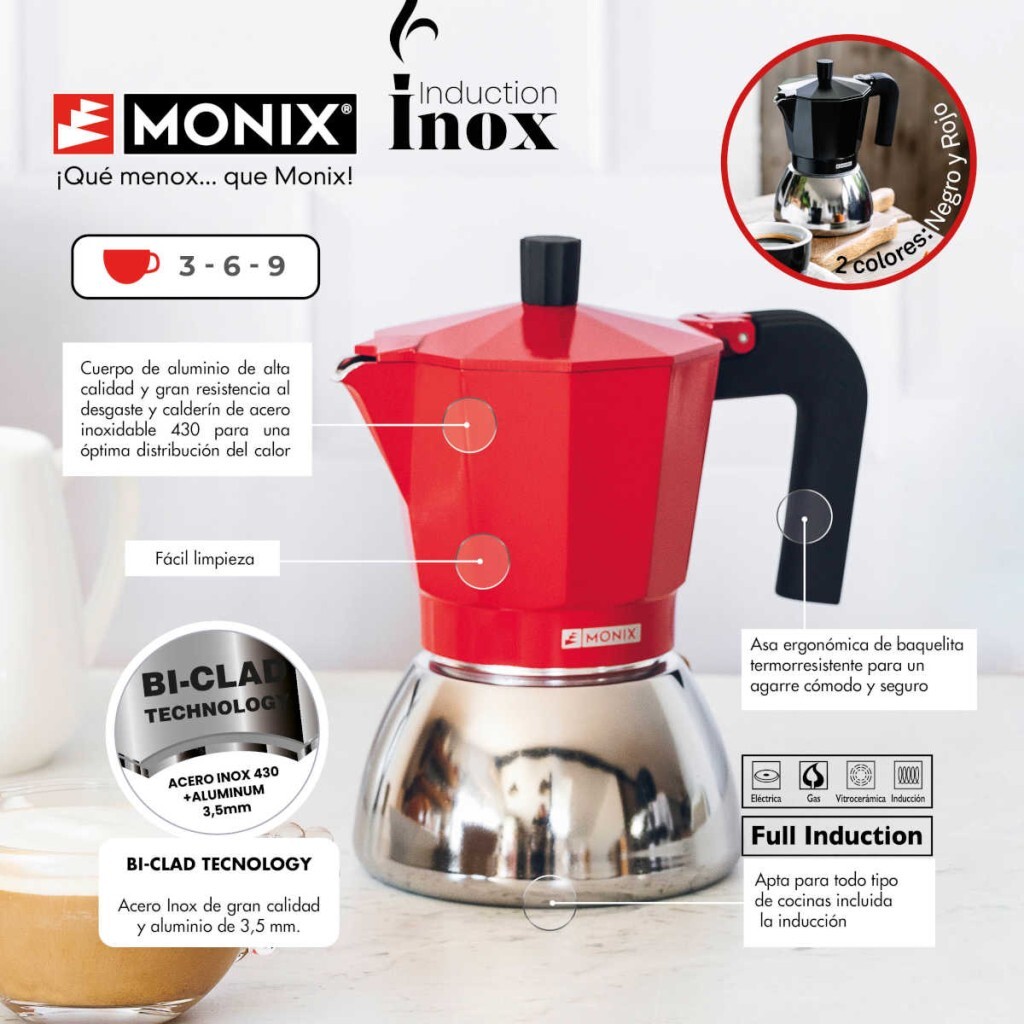Cafetera Italiana Monix | Inducción, 6 Tazas, Inox, Rojo