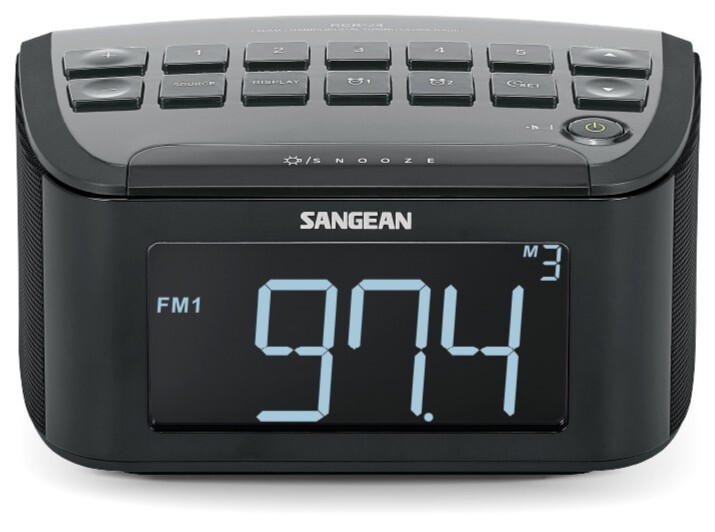 Radio reloj Sangean RCR-24 AM/FM negro | 15 memorias, pantalla LCD