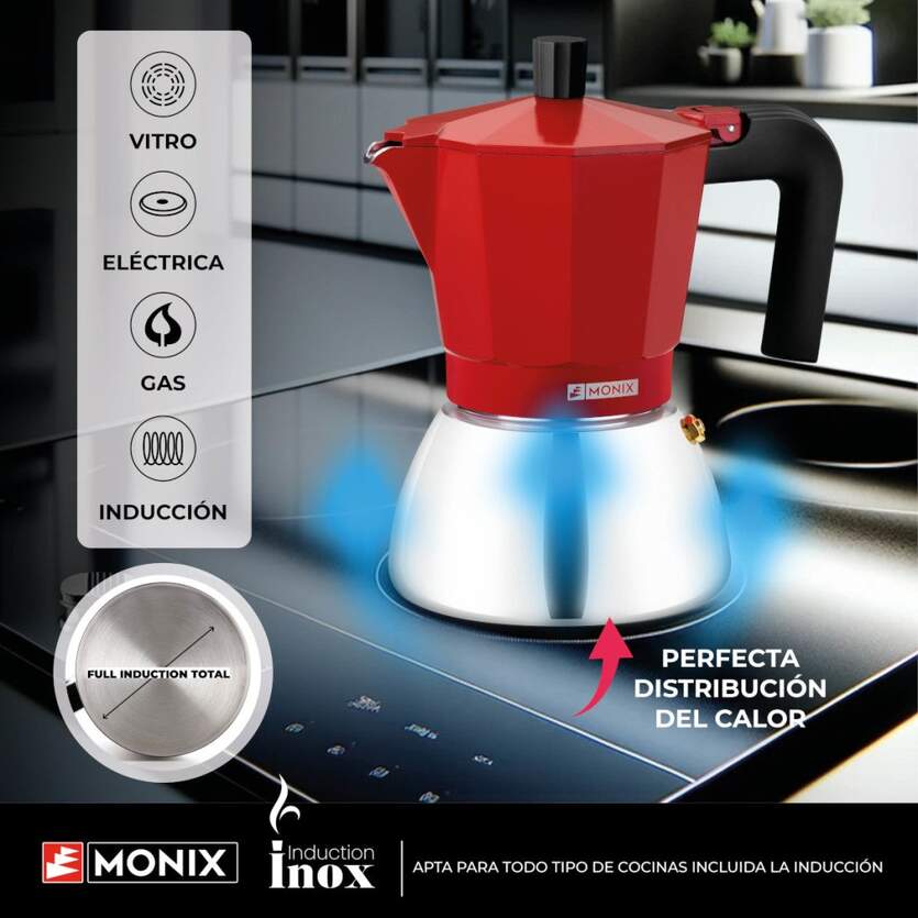 Cafetera Italiana Monix | Inducción, 9 Tazas, Inox, Rojo